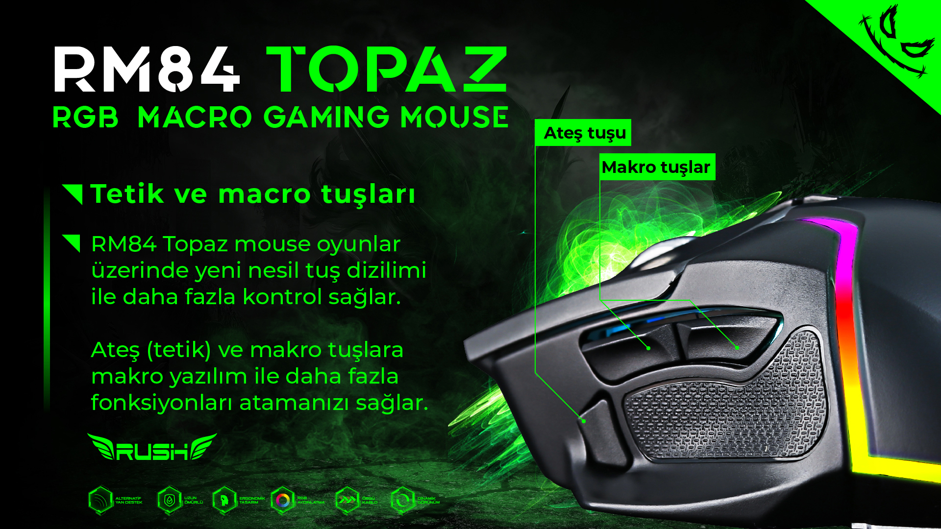 Rush Topaz RM84 10000 Dpi RGB 6d Makro Pro Oyuncu Mouse
